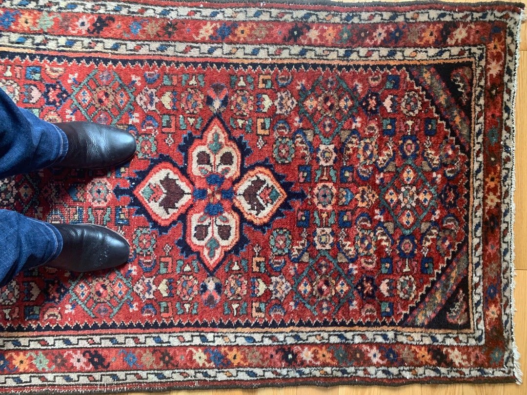 Vintage Persian Hamadan 30 Inches X 50 Inches Red Navy Ivory Teal Hand ...