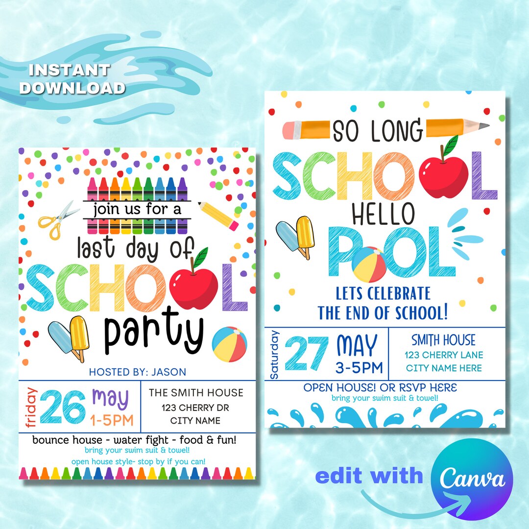EDITABLE End of School Party Invitation Pool Party Invitation Last Day ...