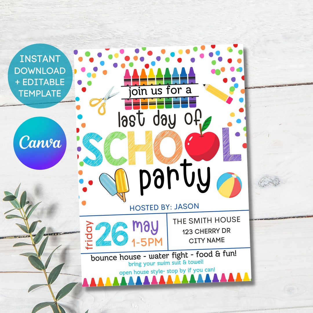 EDITABLE End of School Party Invitation Printable Digital - Etsy