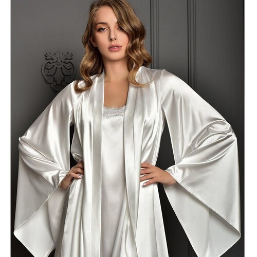 Beige Bridal Robe and Nightgown Set Long Satin Kimono and - Etsy