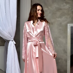 Long Blush Pink Wedding Kimono Robe Lace Bridal Robe Bridal - Etsy