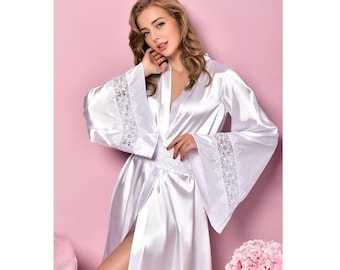 Short Satin Bridal Robe Wedding Kimono Robe for Bride Dressing Gown Women Ivory Bridal Party ...