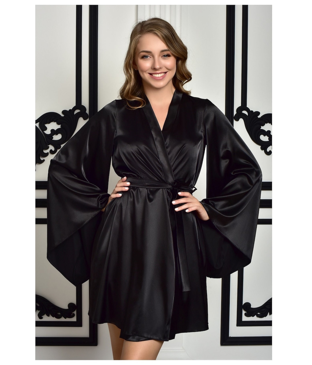 Black Robe Plain Satin Kimono Robe Sexy Gift Ideas for Bride ...
