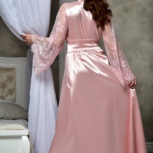 Blush Pink Bridal Peignoir Set Satin Lace Kimono Bride Robe Long Sexy ...