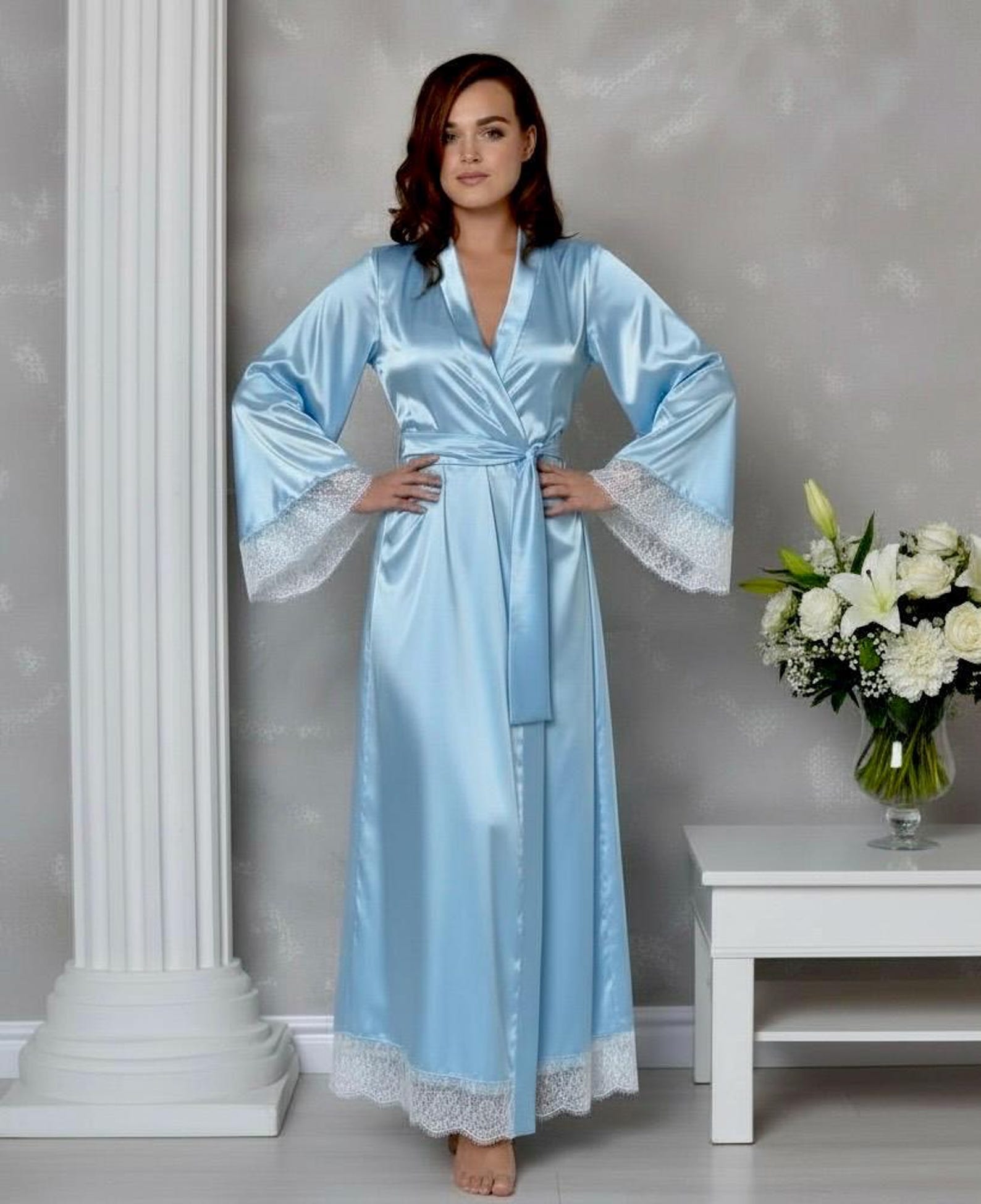 Pink Long Bridal Robe Bridesmaid Kimono Robe Satin Bridal Dressing Gown ...