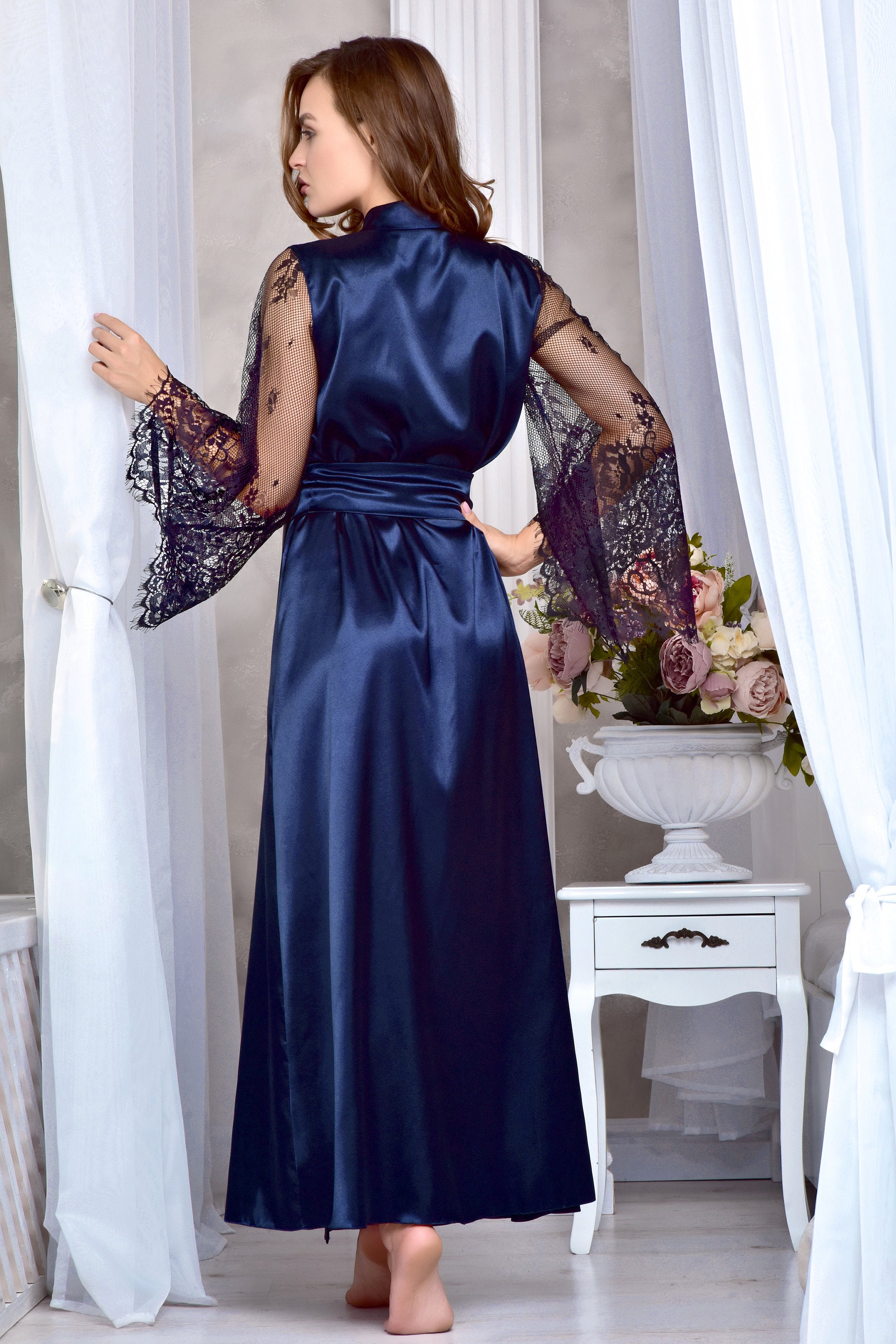 Navy Blue Long Lace Robe Mothers Day Gift From Daughter or Son | Etsy