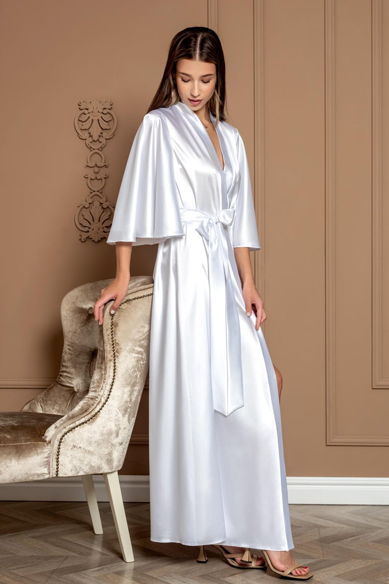 Long Satin Bridal Kimono Robe White Full Length Wide Sleeve Bride Robe ...