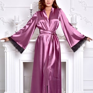 Long Blush Pink Bridal Robe Wedding Lace Kimono Bridal Satin Dressing ...