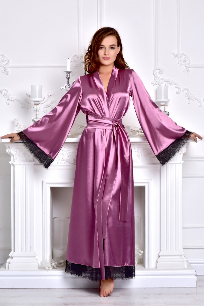 Long Blush Pink Bridal Robe Wedding Lace Kimono Bridal Satin Dressing ...
