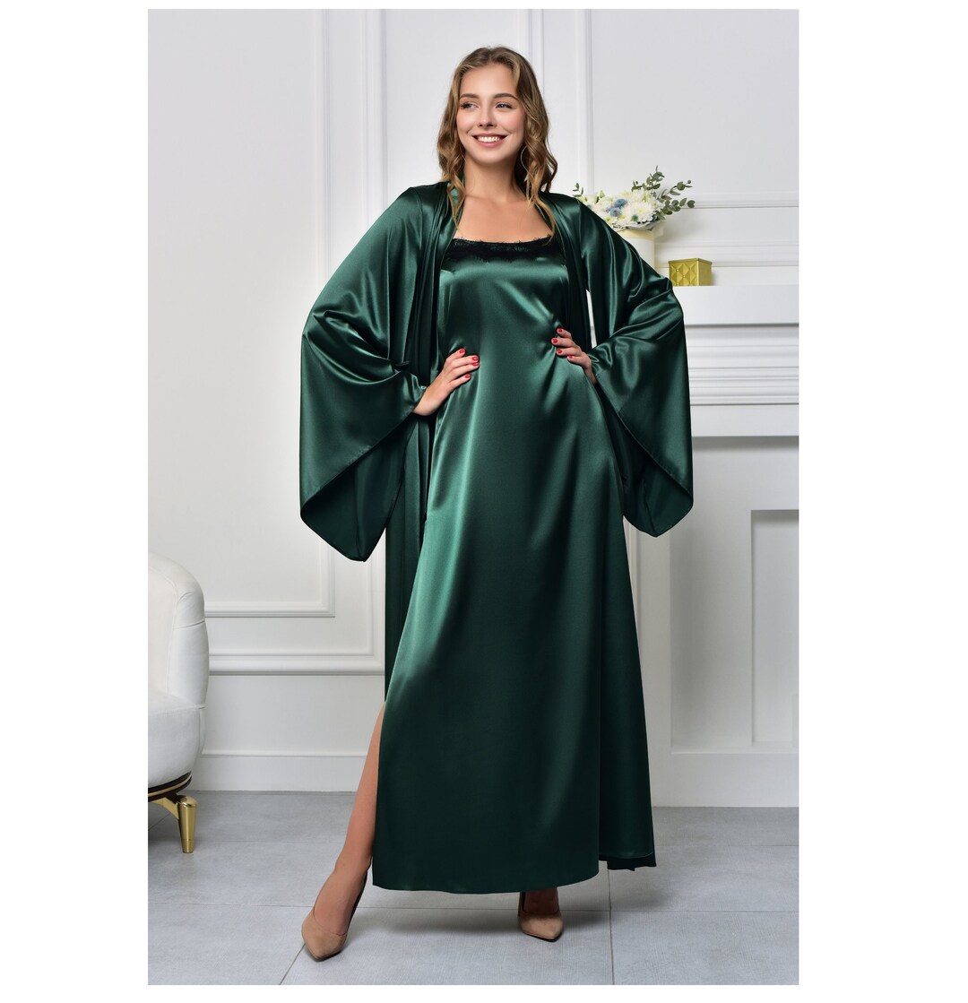 Green Long Wedding Peignoir Set Bridal Satin Robe and Nightgown Floor ...