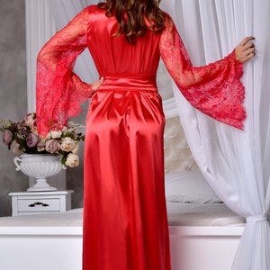 Red Sexy Long Robe With Lace Sleeves Wedding Kimono Robe Long Bridal ...