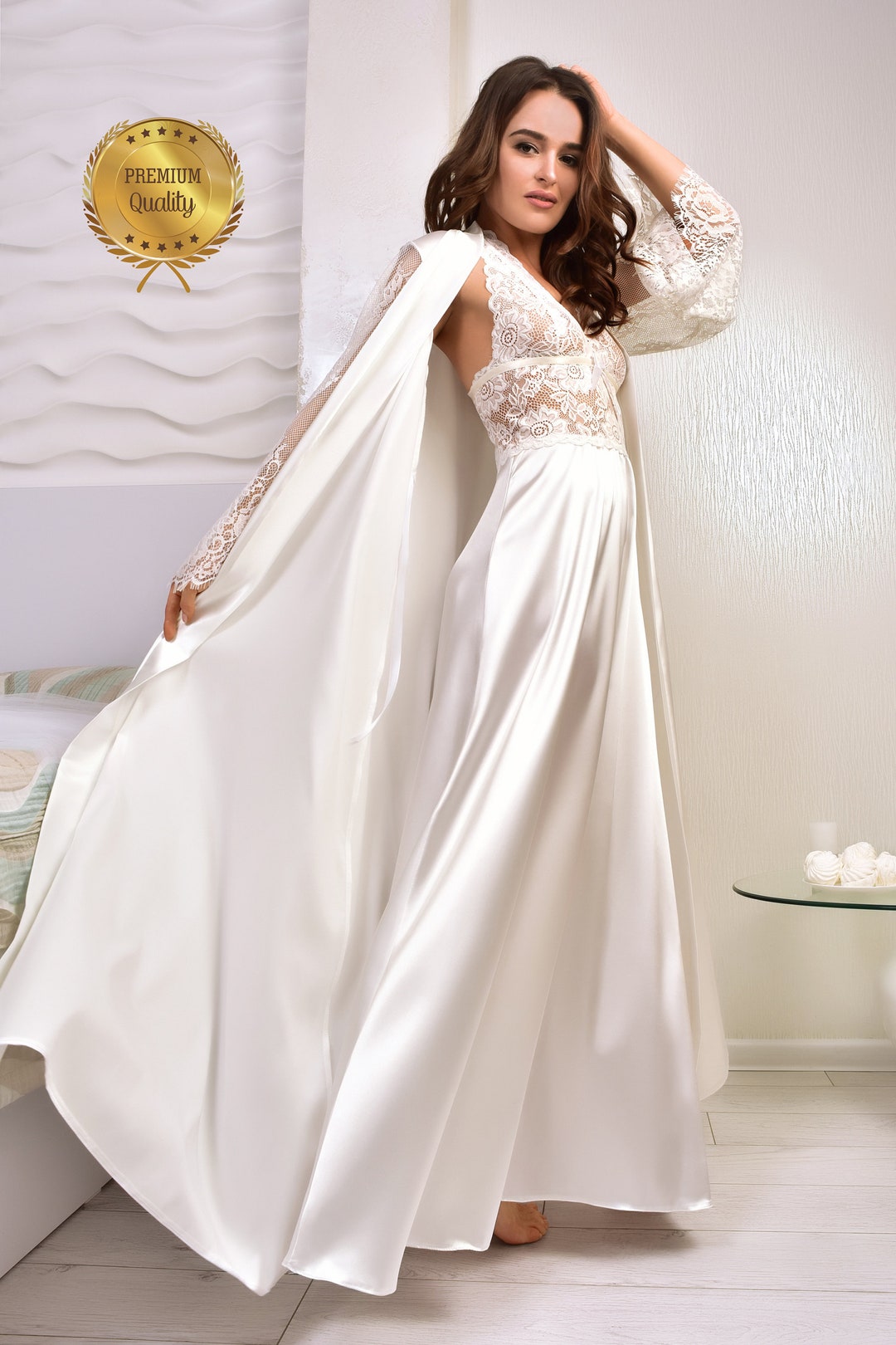 Ivory Bridal Robe and Nightgown Set Satin Peignoir Set Bridal Wedding ...
