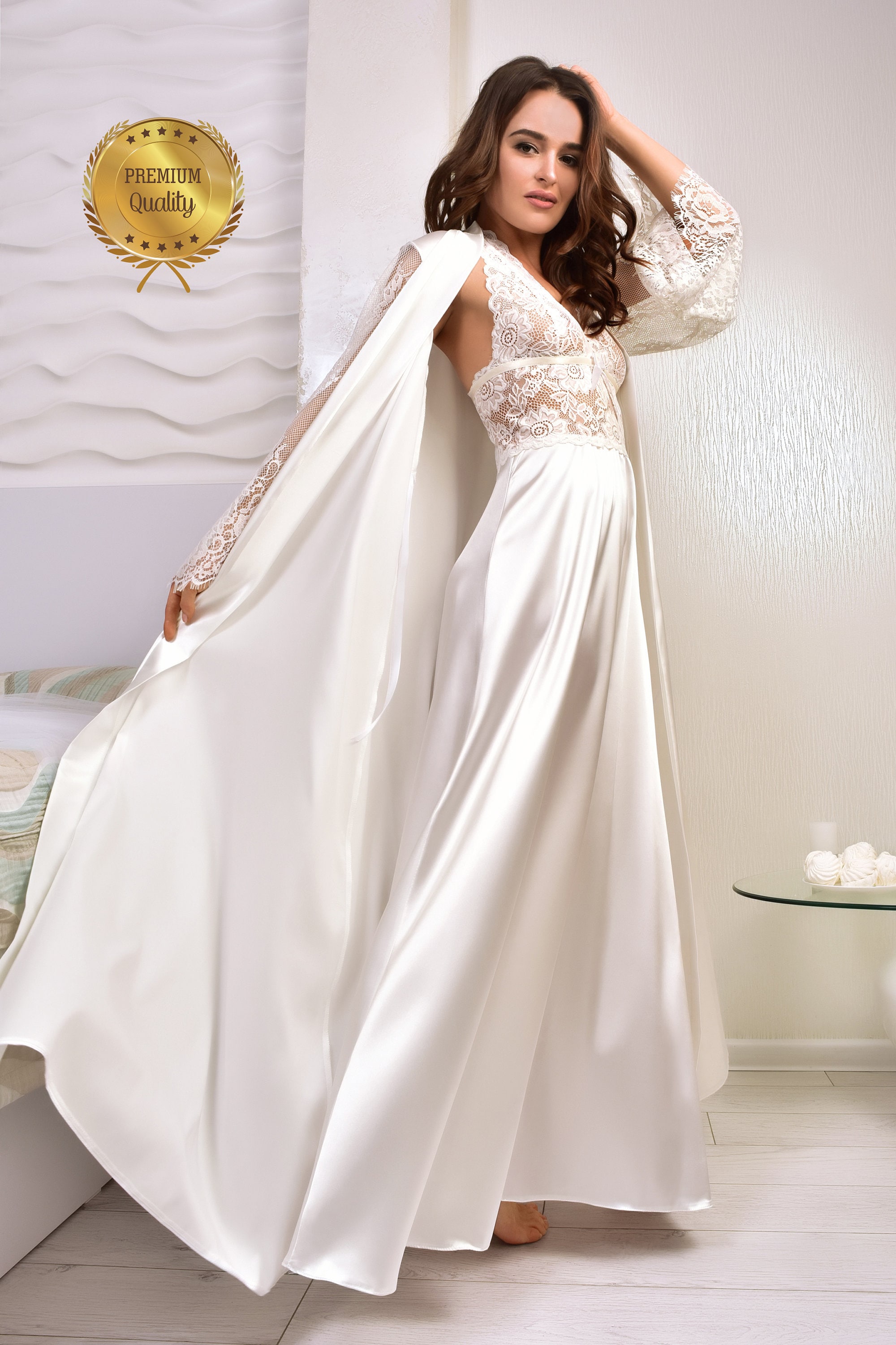 Ivory Bridal Robe And Nightgown Set Satin Peignoir Set Bridal Etsy