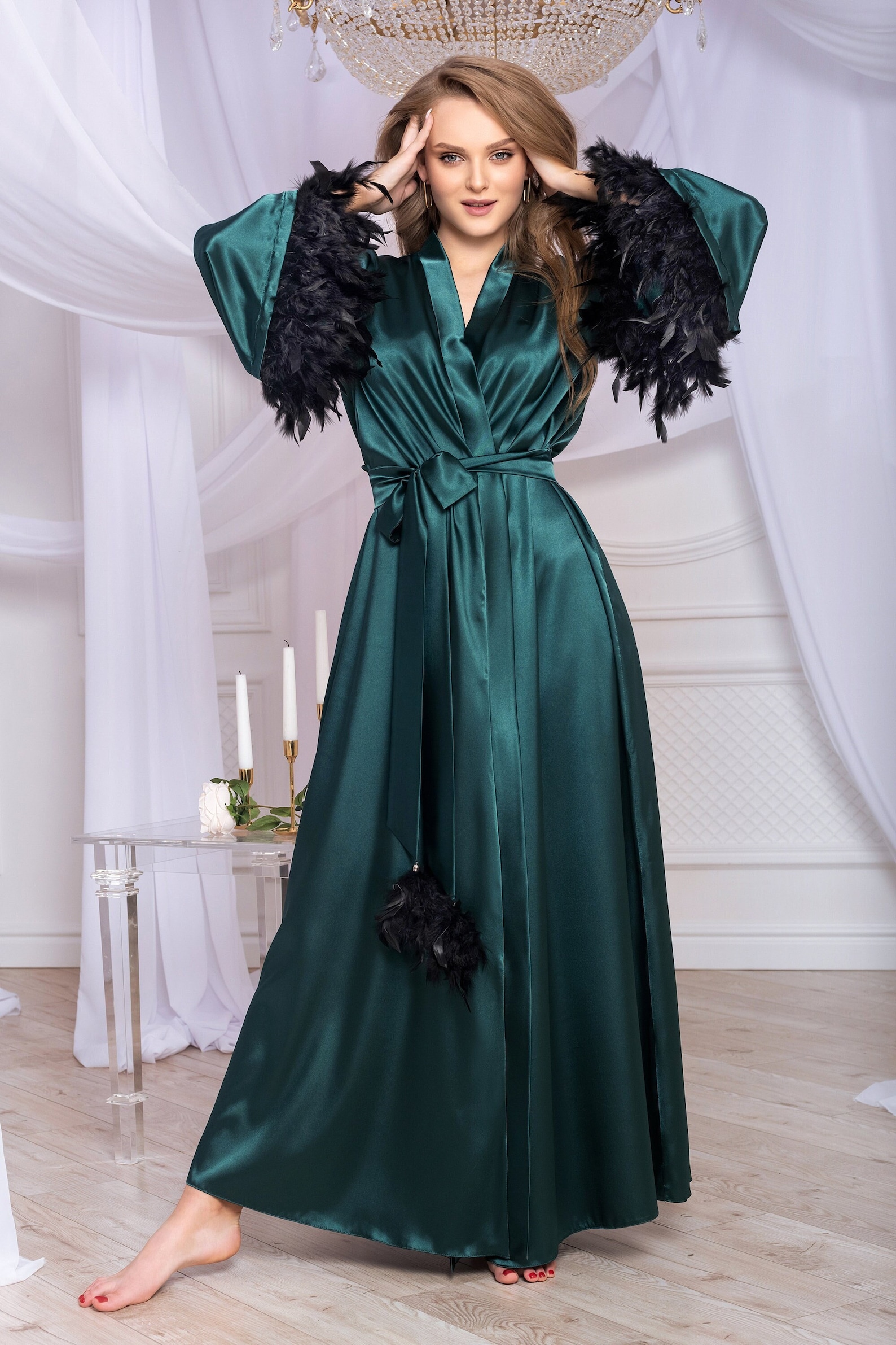Full Length Feather Trimmed Satin Robe for Photo Shoot Long Green ...