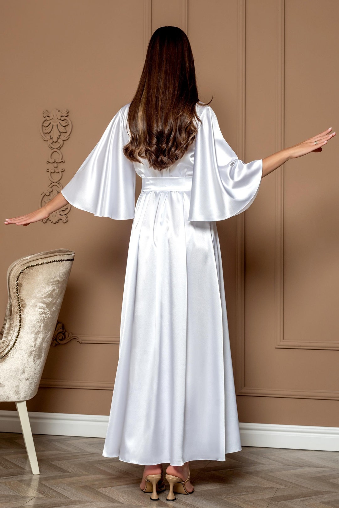 Long Satin Bridal Kimono Robe White Full Length Wide Sleeve Bride Robe ...
