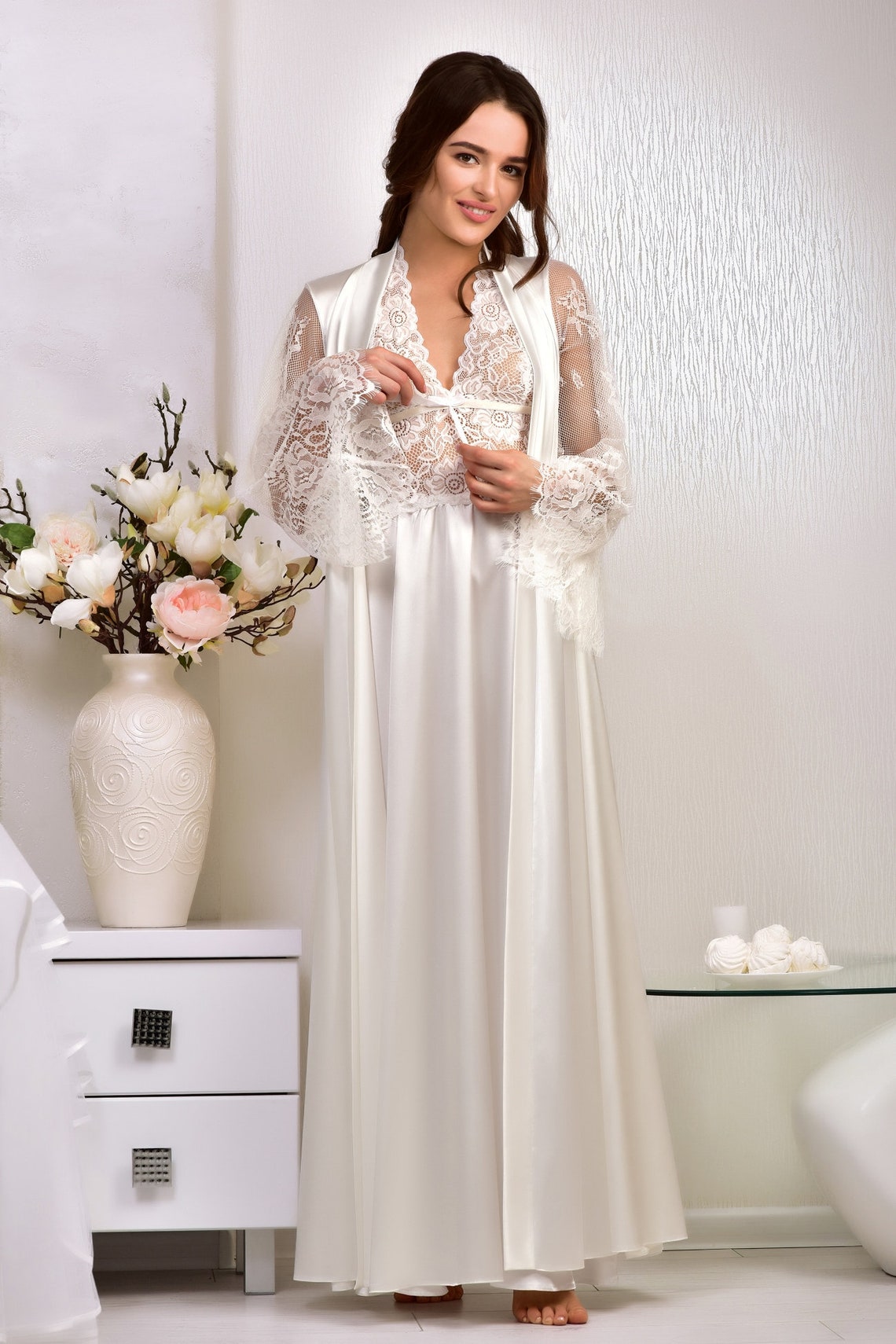 Ivory bridal robe and nightgown set Satin peignoir set Bridal | Etsy