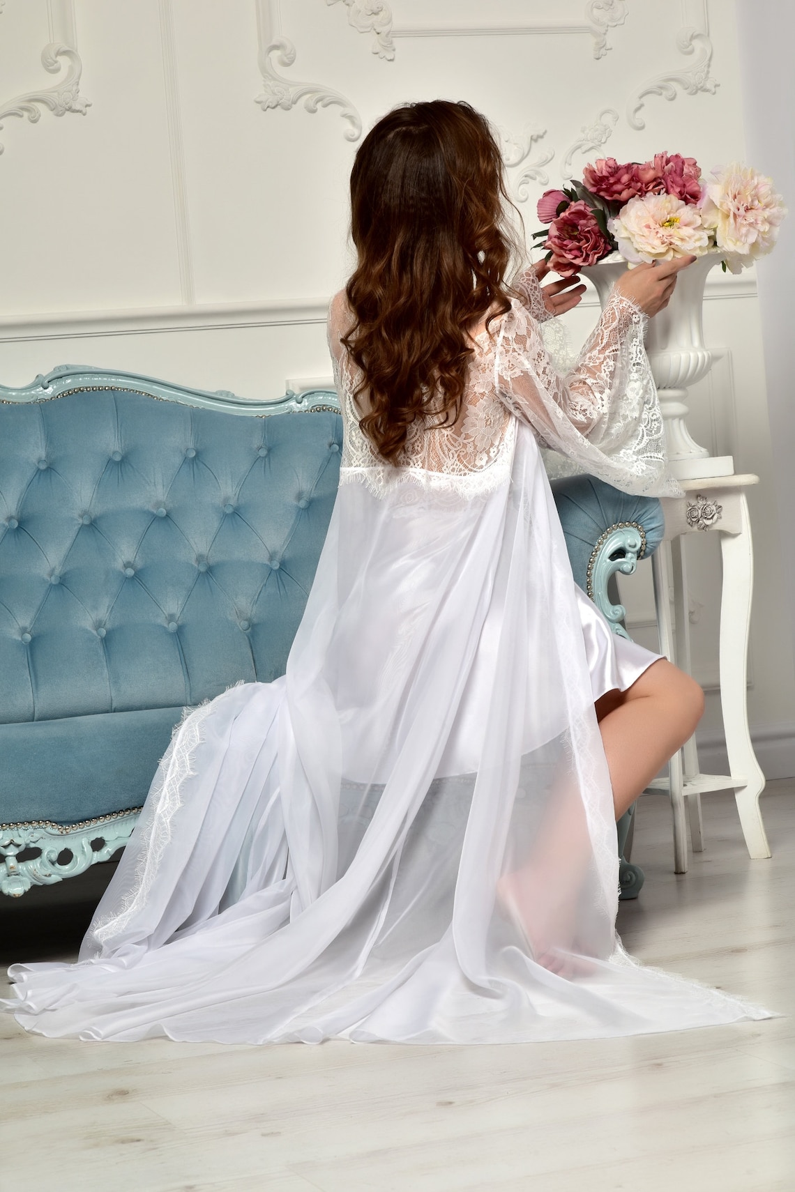 White Bridal Peignoir Set Bridal Lingerie Wedding Night Short Babydoll ...