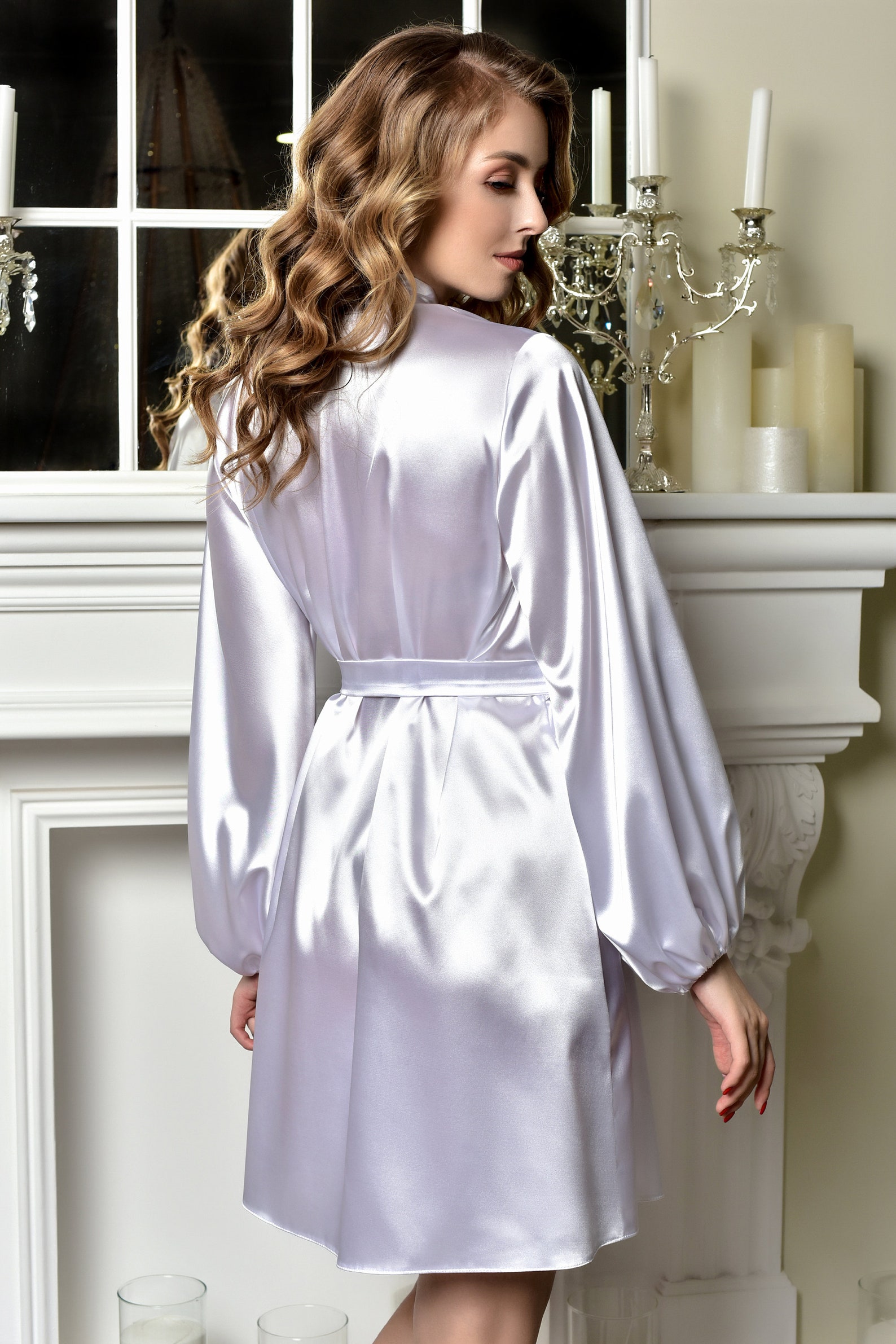 White Satin Bridal Robe for Wedding Day Short Kimono Robe for Bride Bridal Shower Gift Getting ...