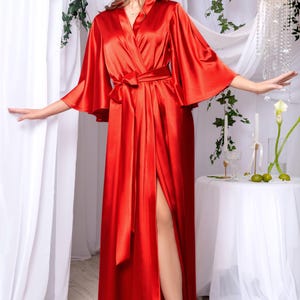 Red Satin Wedding Robe With Wide Sleeves Long Belted Kimono Bathrobe ...