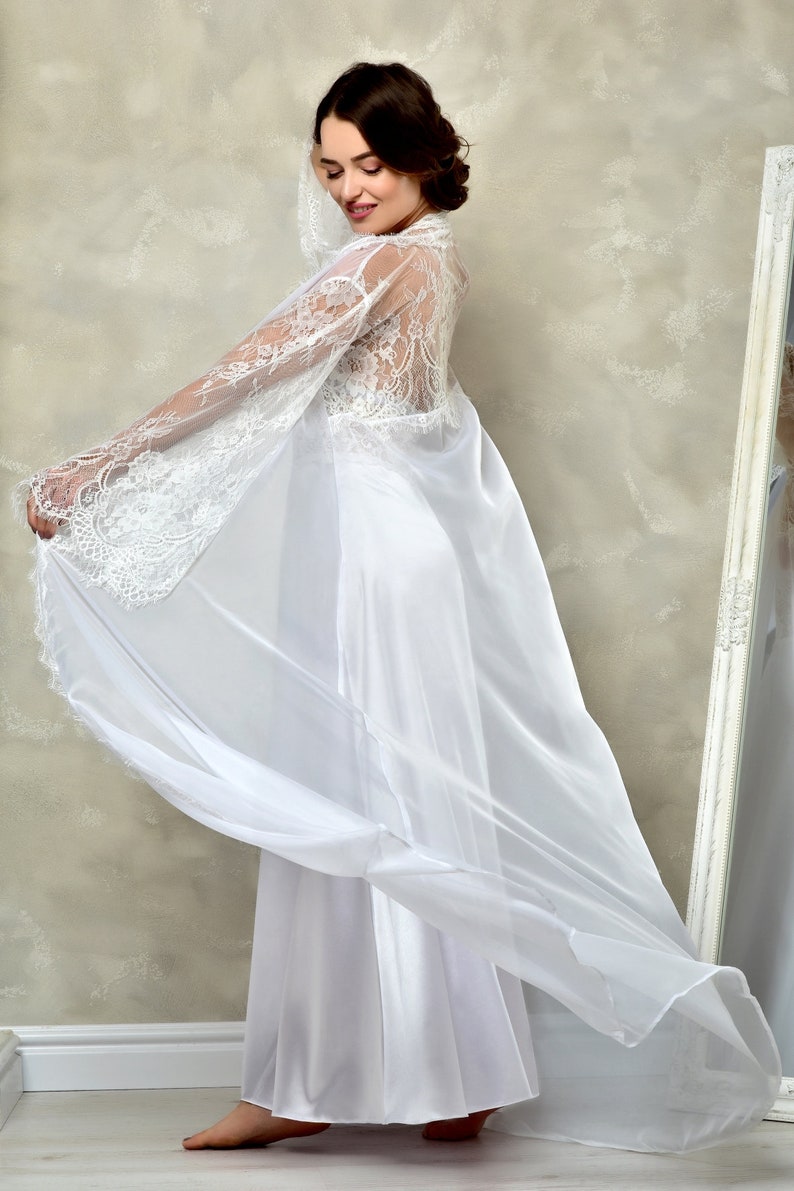 White Bridal Satin Peignoir Set Long Lace Robe And Nightgown Etsy