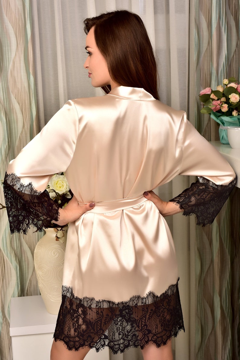 Beige Satin Bridal Kimono Robe With Black Lace Wife Christmas Etsy