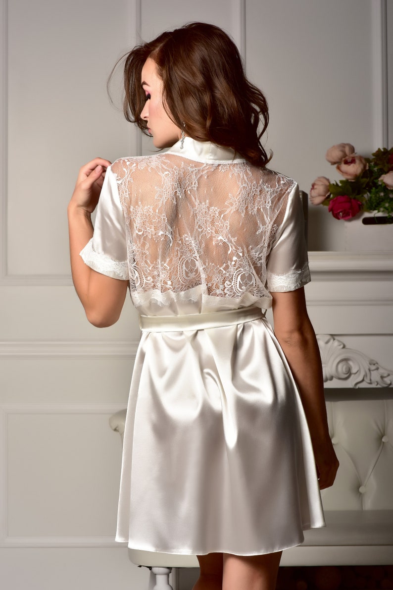 Satin Lace Robe Ivory Robe Short Sleeve Robe Bridesmaid Robe - Etsy