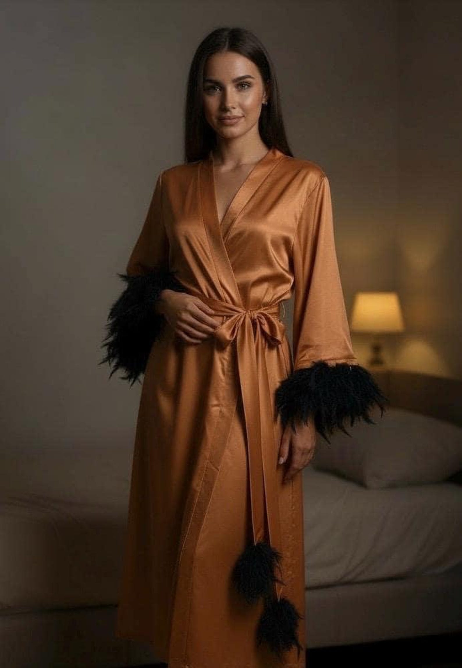 Pink Satin Boudoir Robe for Photo Shoot Long Bridal Kimono Robe Feather ...