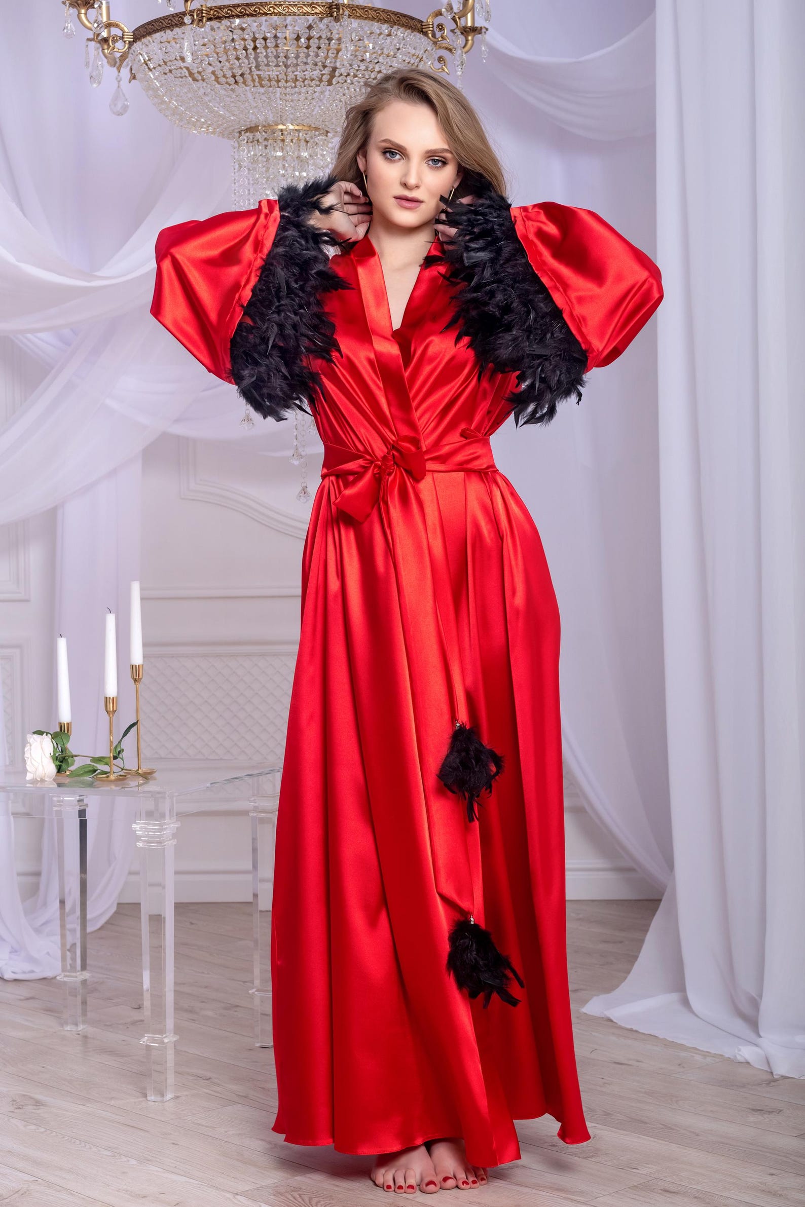 Pink Satin Boudoir Robe for Photo Shoot Long Bridal Kimono Robe Feather ...