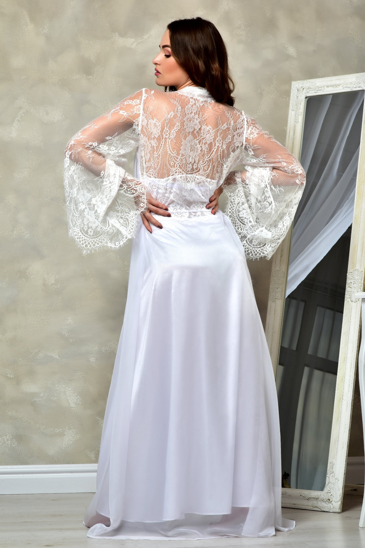 White Bridal Satin Peignoir Set Long Lace Robe and Nightgown - Etsy