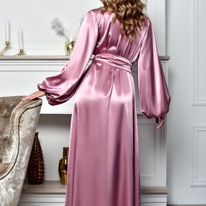 Dark Pink Long Bridal Robe for Bride Satin Wedding Kimono Robe Floor ...