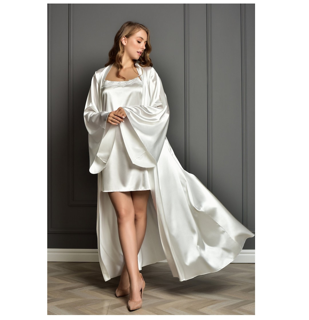 Wedding Night Peignoir Set Ivory Long Bridal Robe and Short Slip ...