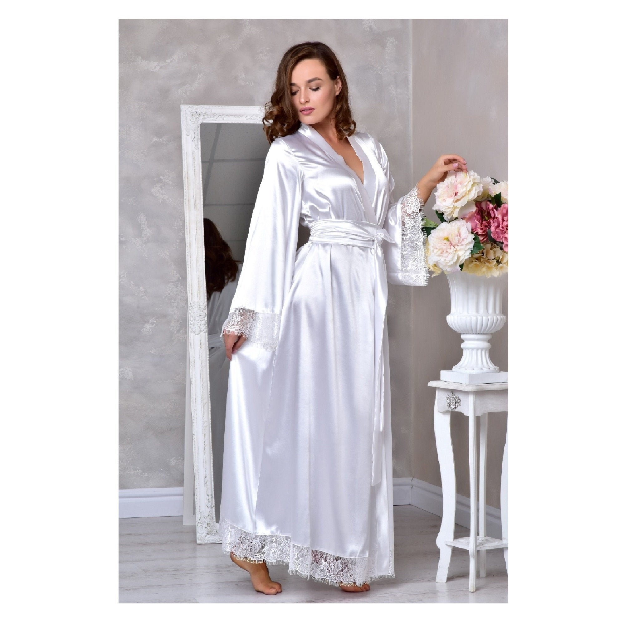 Weiße Lange Braut Gewand Hochzeit Kimono Gewand Lange Spitze Etsy