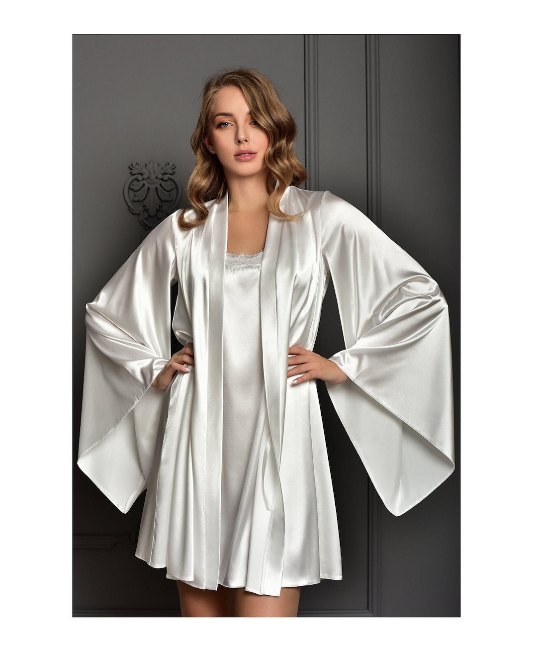 Ivory Bridal Peignoir Set Short Kimono Bridal Robe and Nightgown Bridal ...