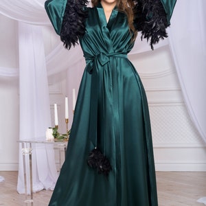 Blue Boudoir Robe With Feather Trim Satin Long Maternity Dressing Gown ...