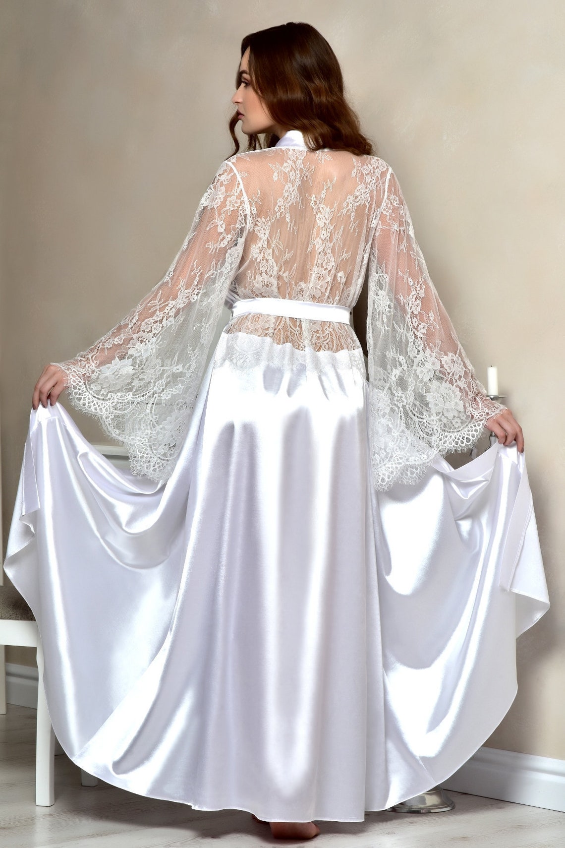 Long White Bridal Robe Satin Lace Back Dressing Gown Bridal Shower Gift ...