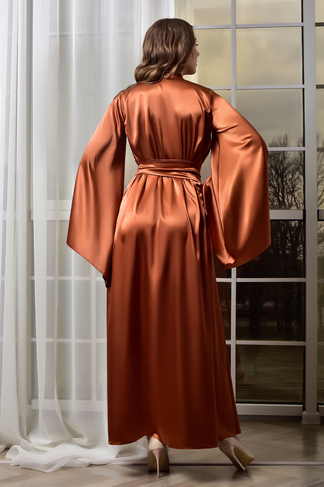 Long Kimono Robe For Bride Terracotta Satin Bridal Robe Floor Etsy Uk