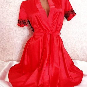 Red Robe Bridesmaid Robe Satin Lace Robe Short Sleeve Robe Lace Bridal ...