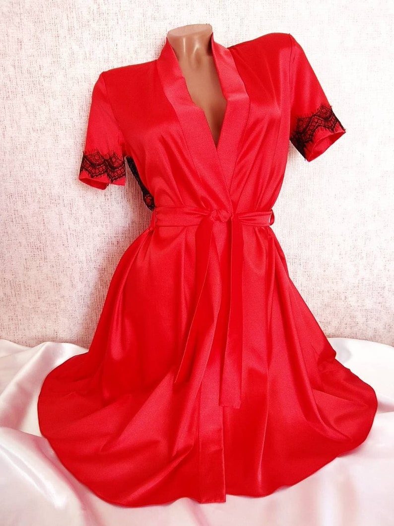 Red Robe Bridesmaid Robe Satin Lace Robe Short Sleeve Robe - Etsy