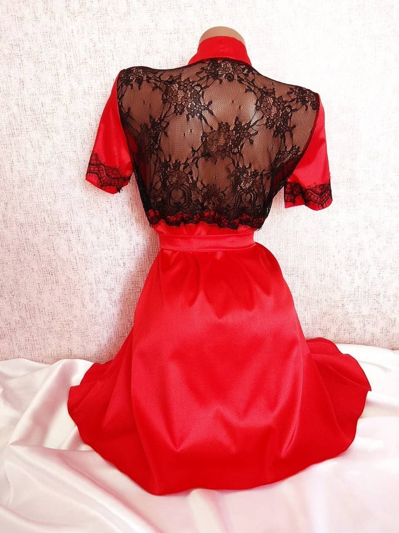 Red Robe Bridesmaid Robe Satin Lace Robe Short Sleeve Robe - Etsy