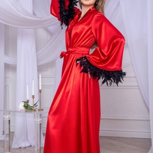 Long Red Bridesmaid Feather Trimmed Robe Satin Maternity Robe for Photo ...