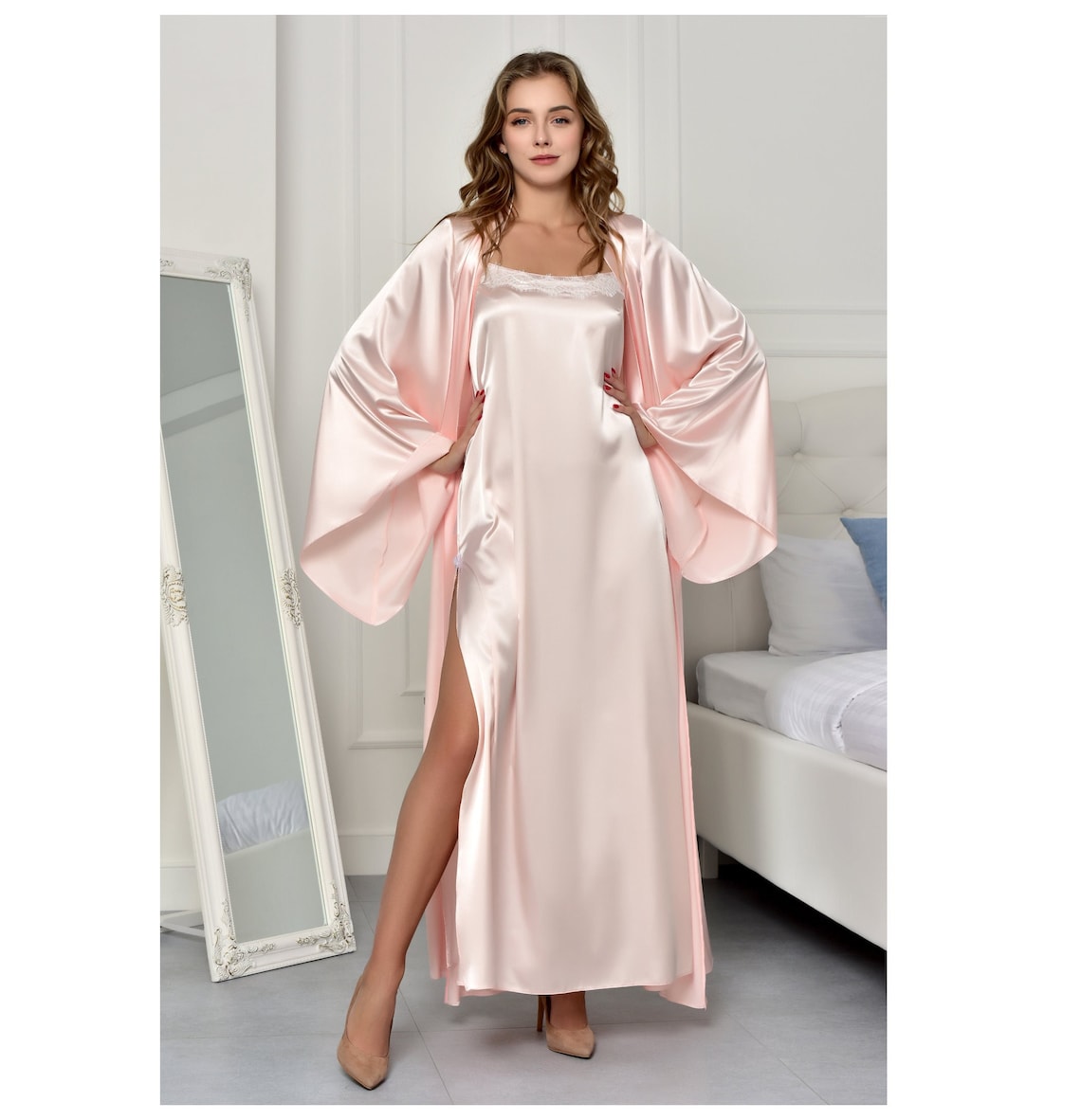 Pink Bridal Slip and Robe Set Long Kimono Robe and Nightgown - Etsy