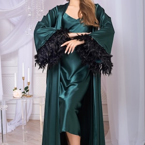 Pink Boudoir Nightgown and Feather Robe Satin Peignoir Set With Feather ...