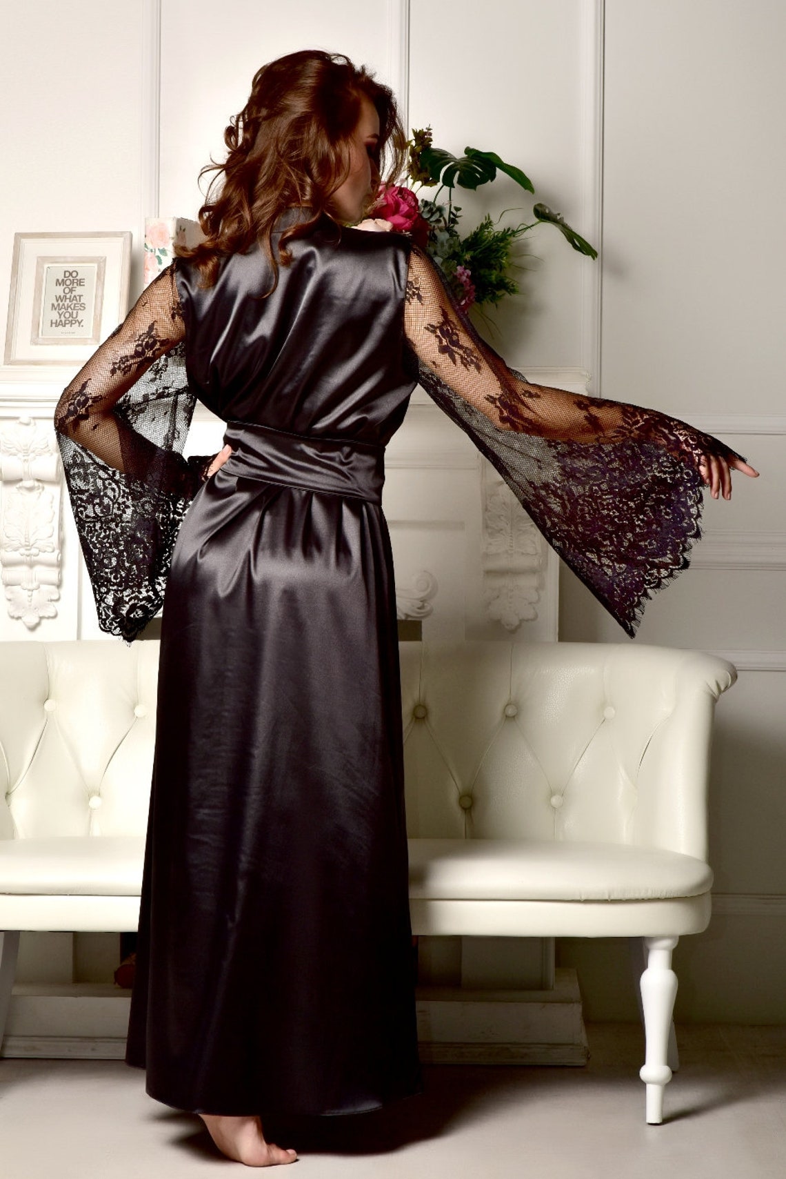 Schwarze Spitze Braut Gewand Schwarz Hochzeit Kimono Robe Etsy