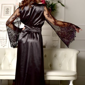 Black Lace Bridal Robe Black Wedding Kimono Robe Long Bridal Robe Maxi ...