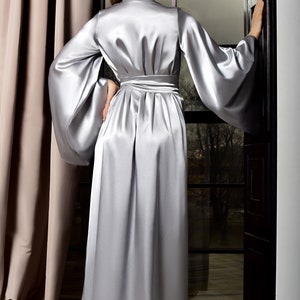 Maxi Gray Bridal Robe for Bride Long Satin Kimono Robe Bridal Shower ...