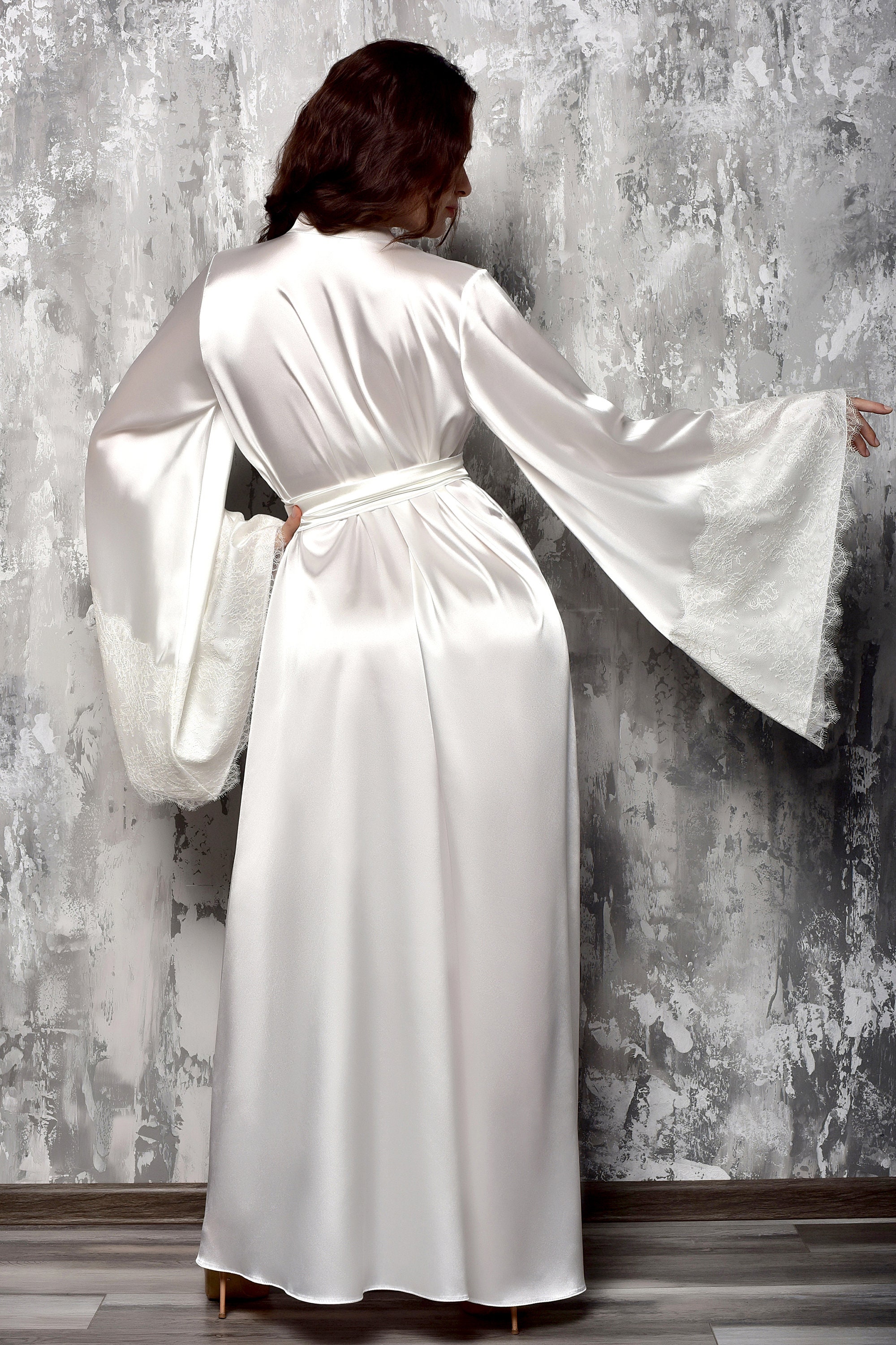 Long Bridal Kimono Robe With Lace Ivory Bride Dressing Gown - Etsy
