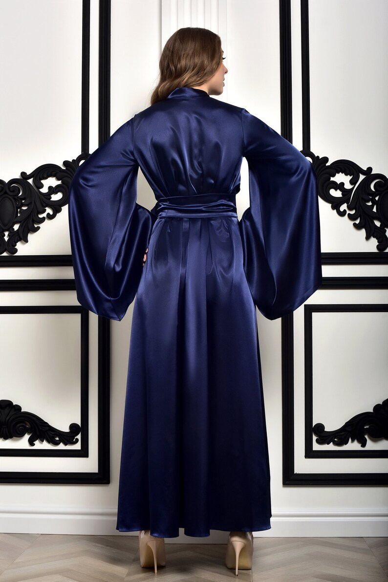 Navy Blue Boudoir Robe Long Satin Kimono Robe Floor Length Bride Robe ...
