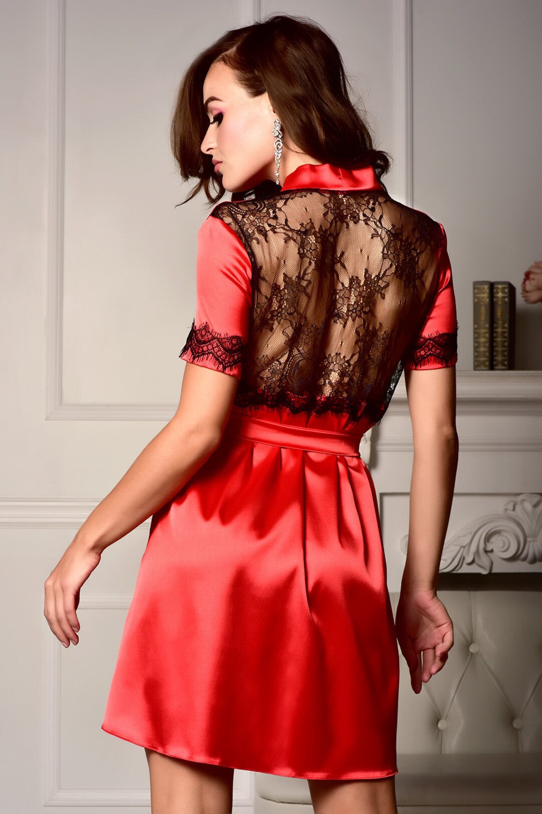 Red Robe Bridesmaid Robe Satin Lace Robe Short Sleeve Robe Lace Bridal ...
