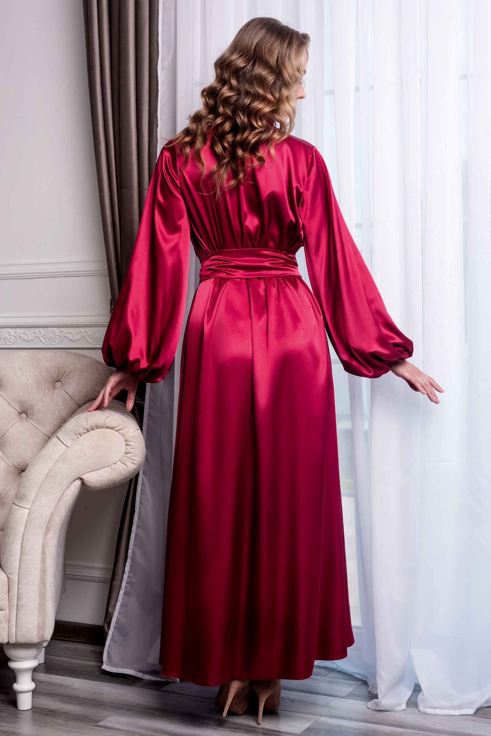 Burgundy Satin Boudoir Robe Bridesmaid Kimono Robe Long Dressing Gown ...