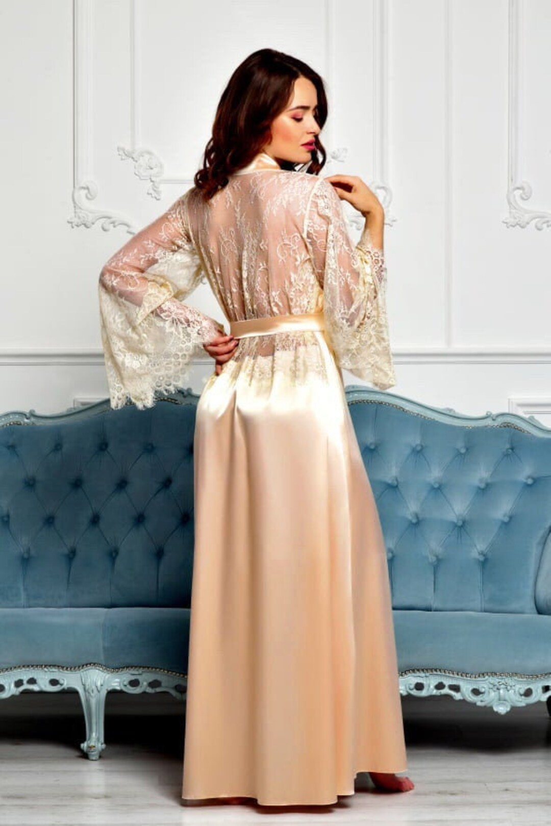 Long Beige Bridal Robe Lace Back Kimono Robe Bridal Shower Gift for ...